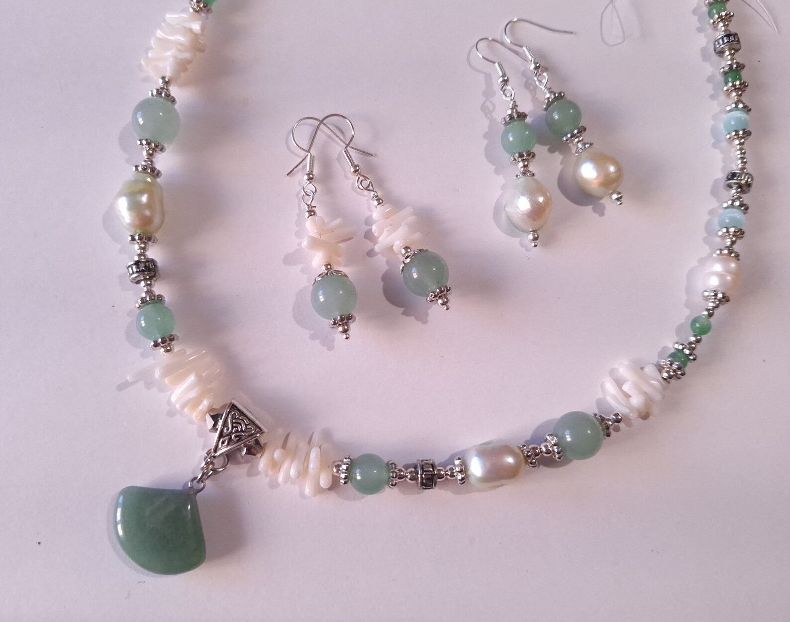 Jade Pearl Coral Silver Jewelry Set Nephrite Earrings Necklace Set ...