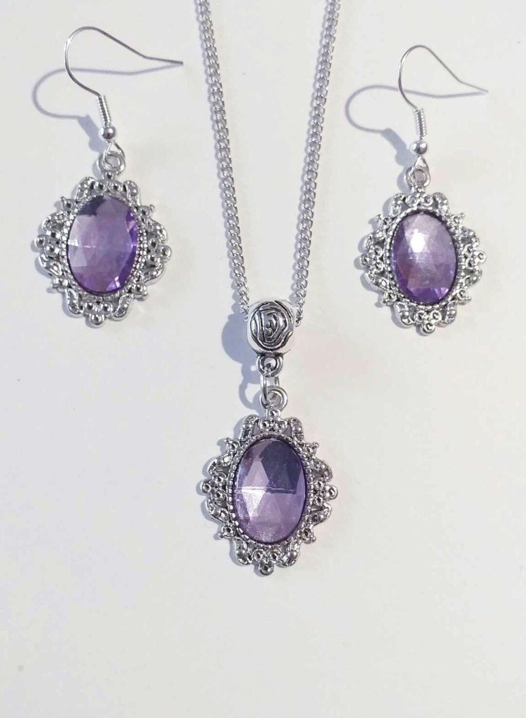 Victorian Silver Purple Jewelry Set Necklace Earrings Silver Jewelry ...