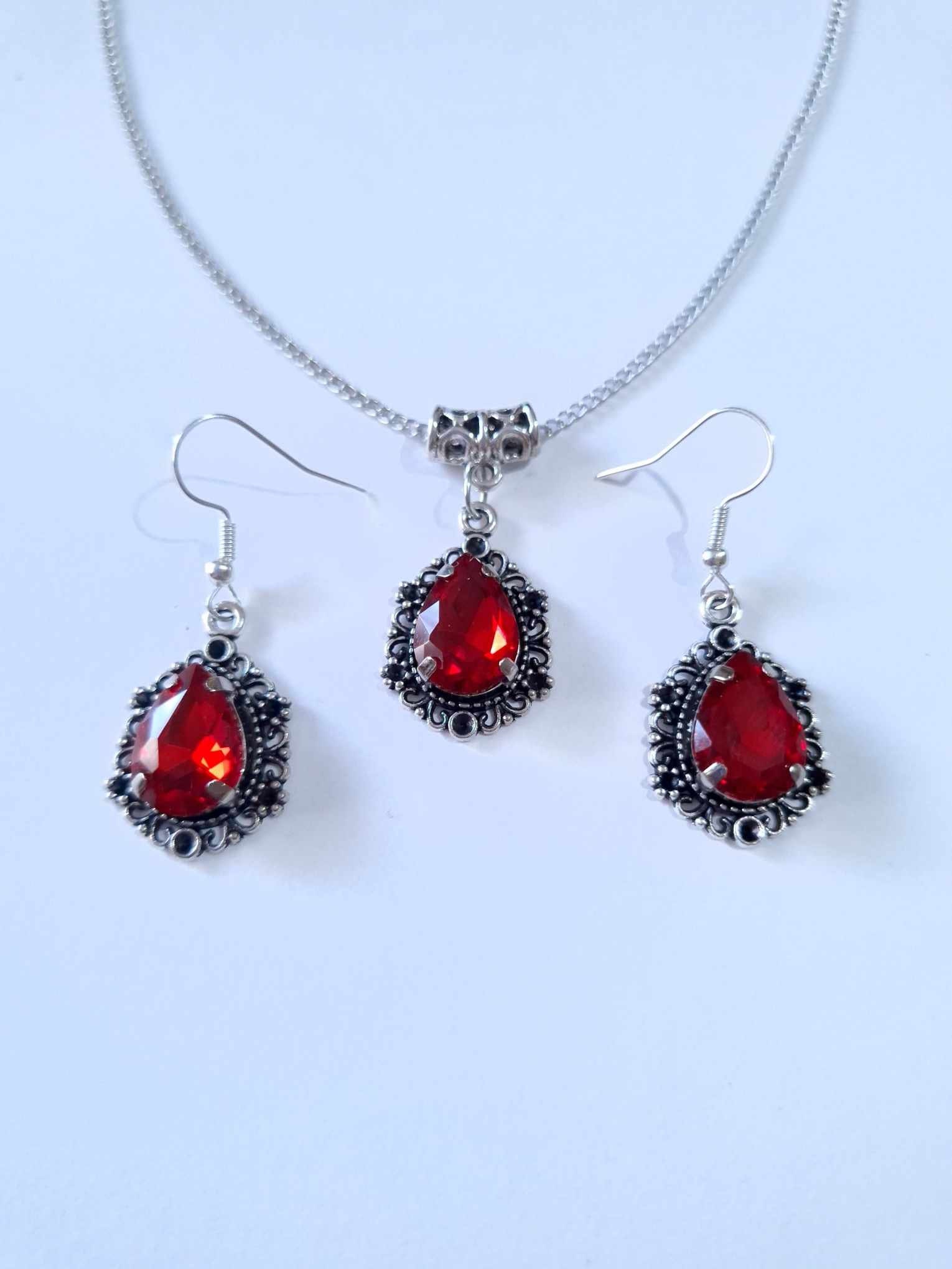 Victorian Ruby Red Silver Jewelry Set Ruby Red Set Necklace Earrings ...