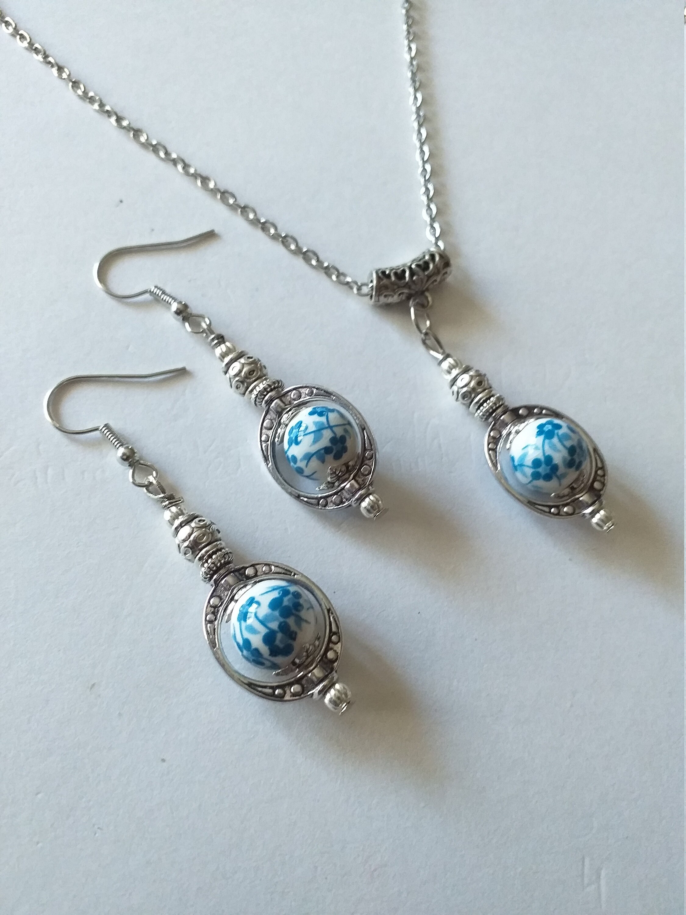 Victorian Silver Delft Blue Jewelry Necklace and Earrings Blue - Etsy