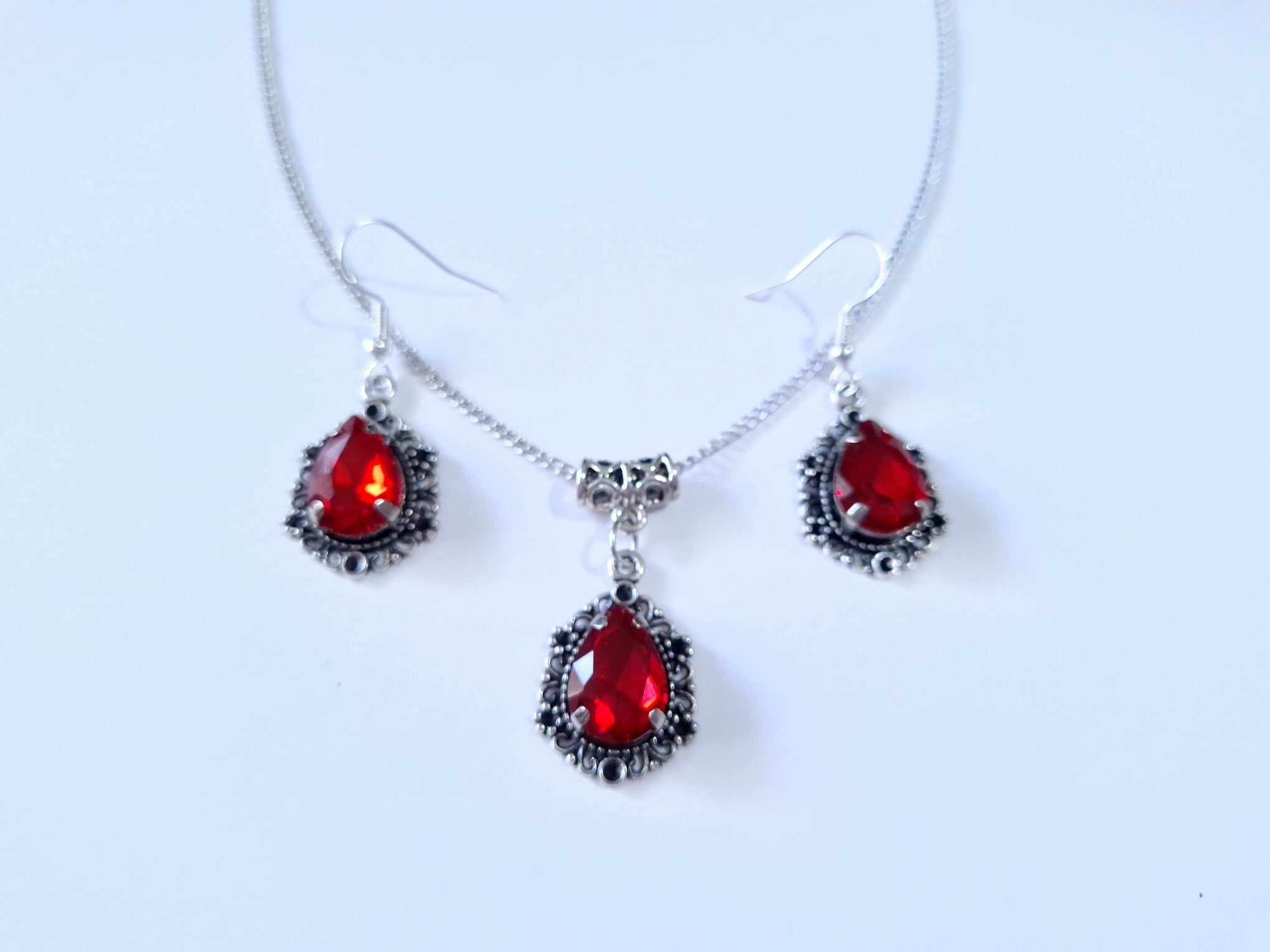 Victorian Ruby Red Silver Jewelry Set Ruby Red Set Necklace Earrings ...