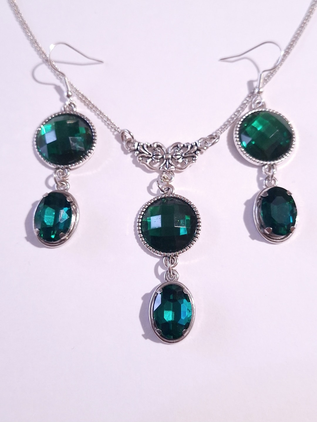 Victorian Emerald Green Silver Jewelry Set Dark Green Set Necklace ...
