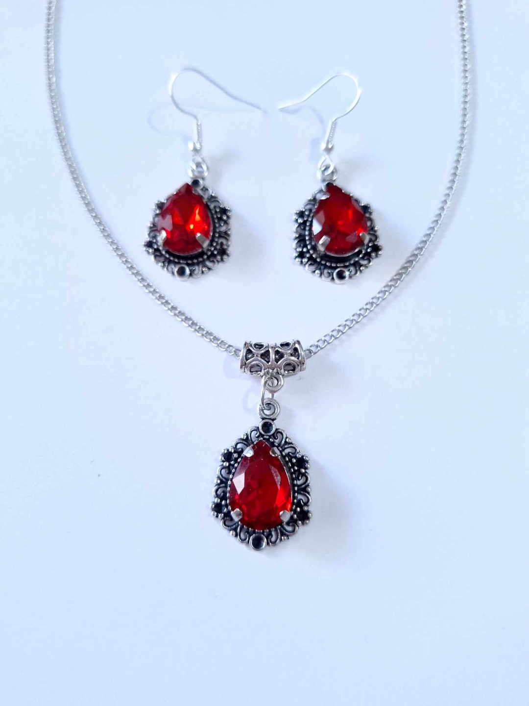 Victorian Ruby Red Silver Jewelry Set Ruby Red Set Necklace Earrings ...