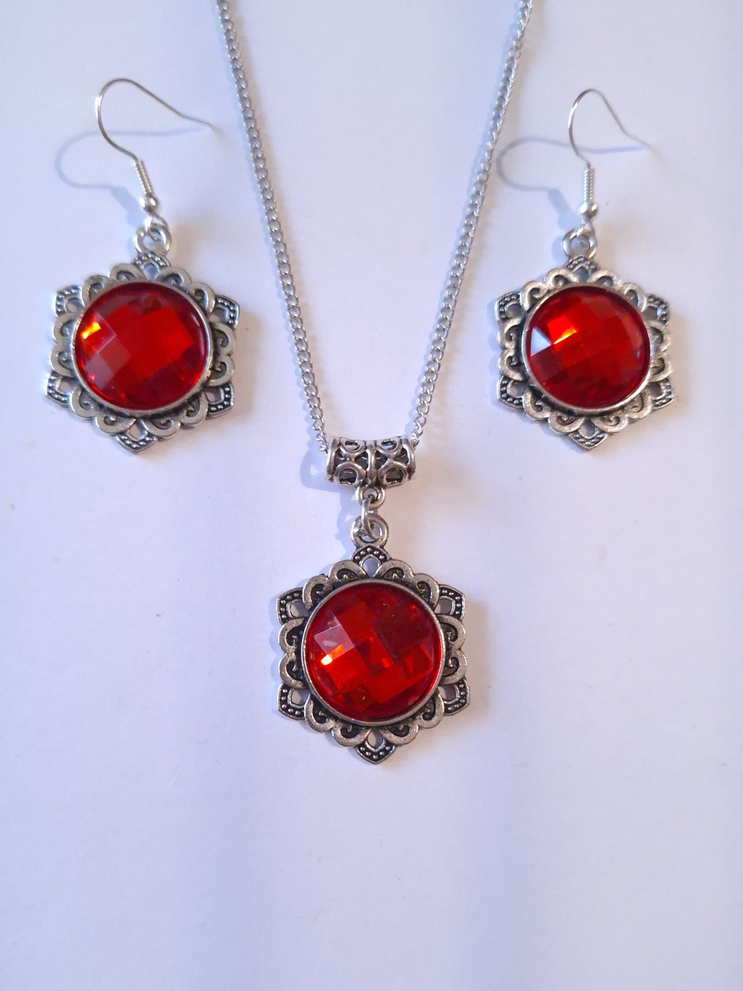 Victorian Ruby Red Silver Jewelry Set Ruby Red Set Necklace Earrings ...