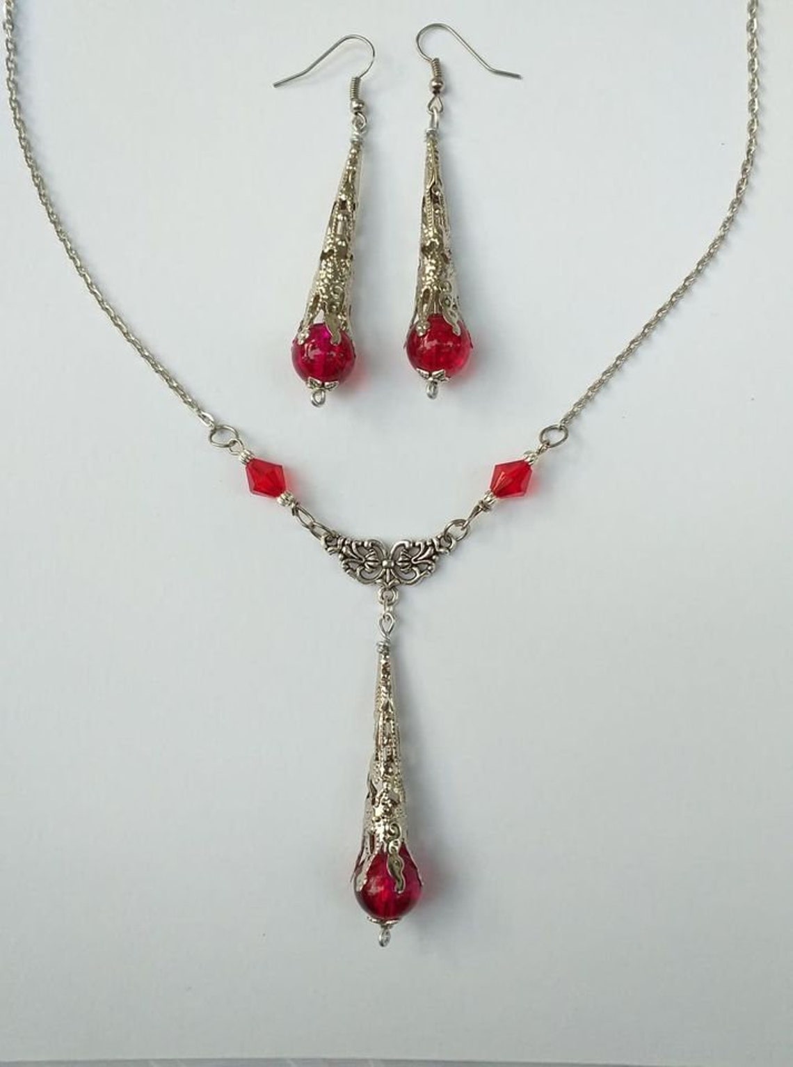 Victorian Red Silver Jewelry Set Ruby Red Set Necklace Earrings Baroque ...