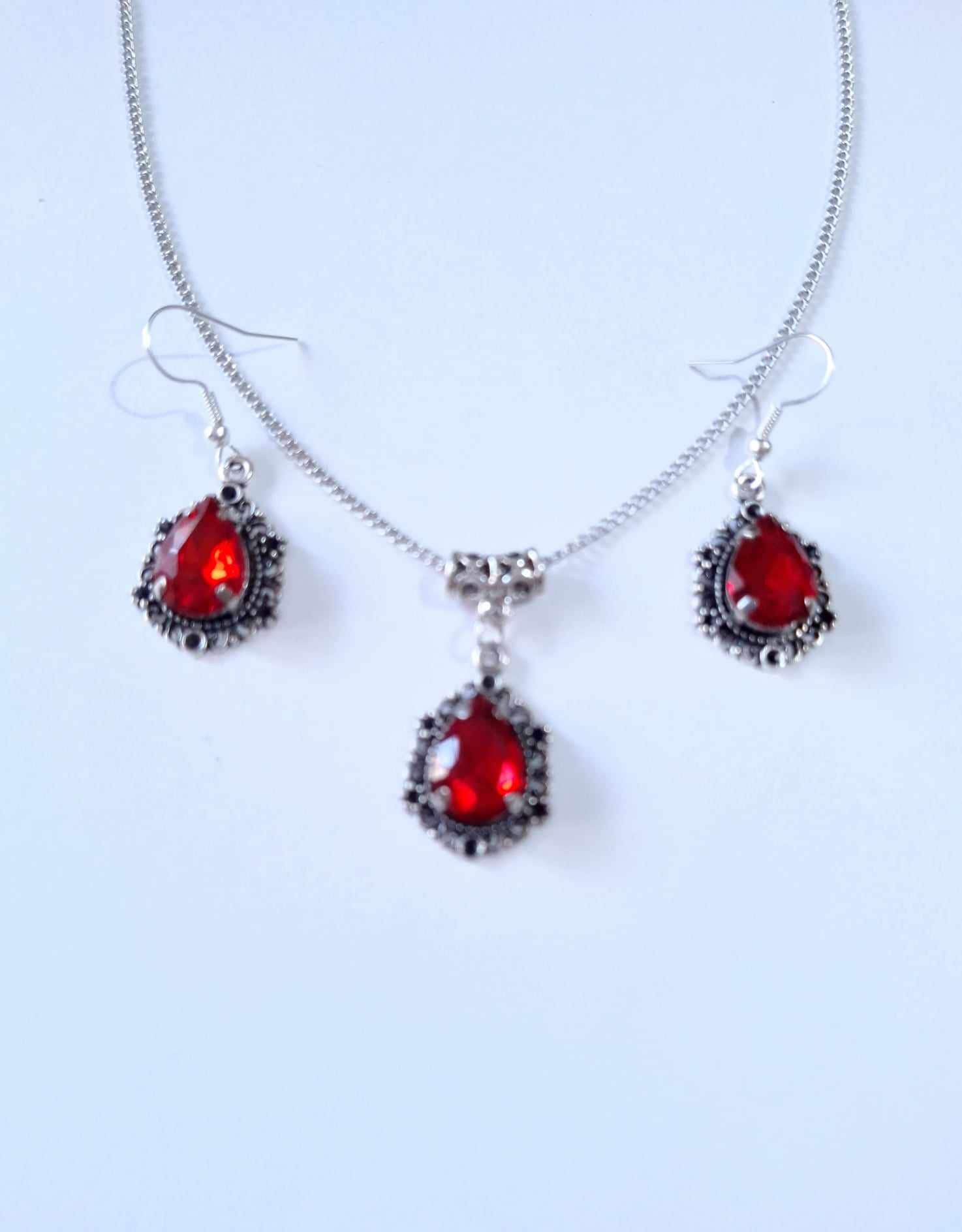 Victorian Ruby Red Silver Jewelry Set Ruby Red Set Necklace Earrings ...