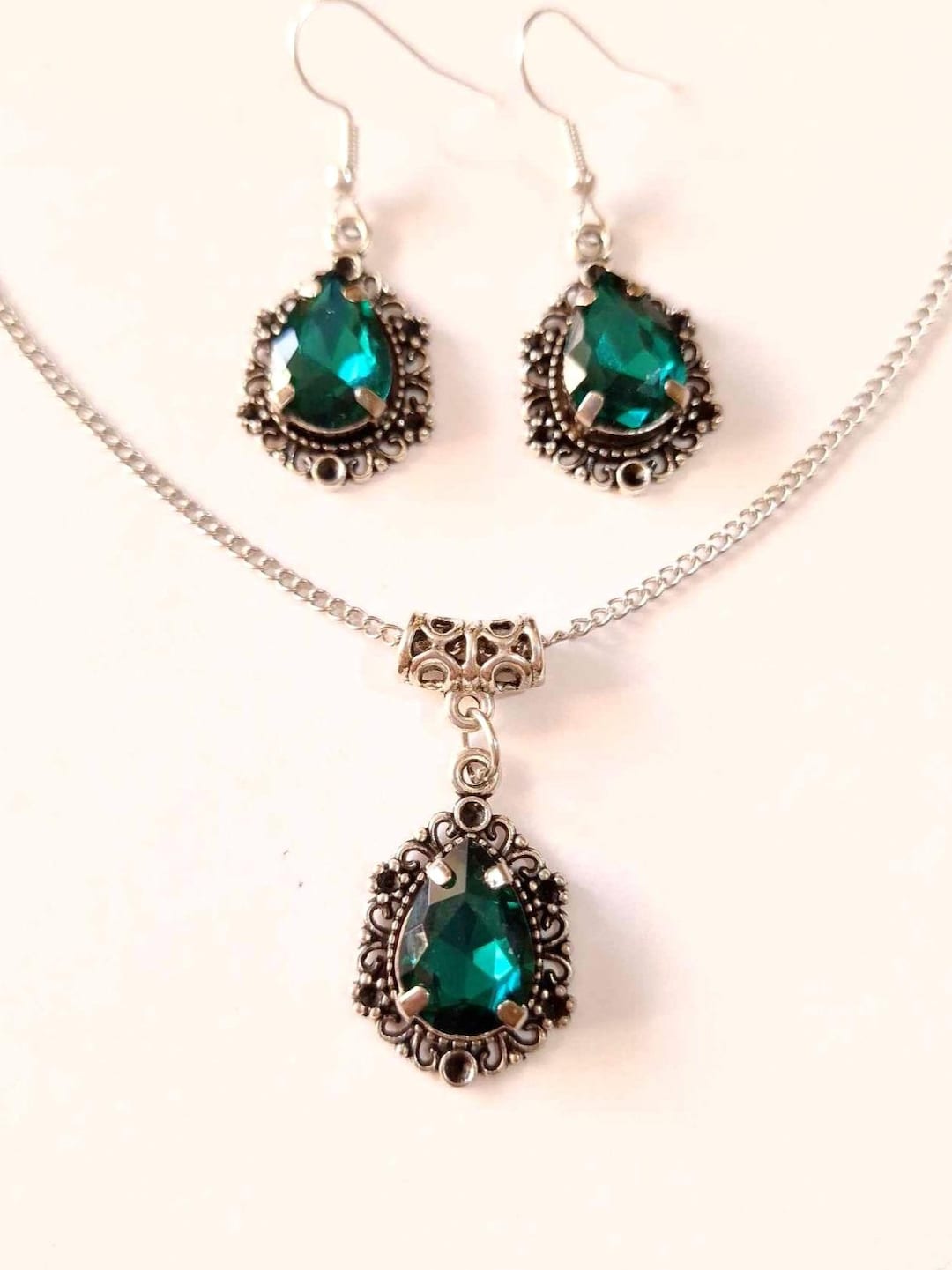 Victorian Emerald Green Silver Jewelry Set Dark Green Set Necklace ...