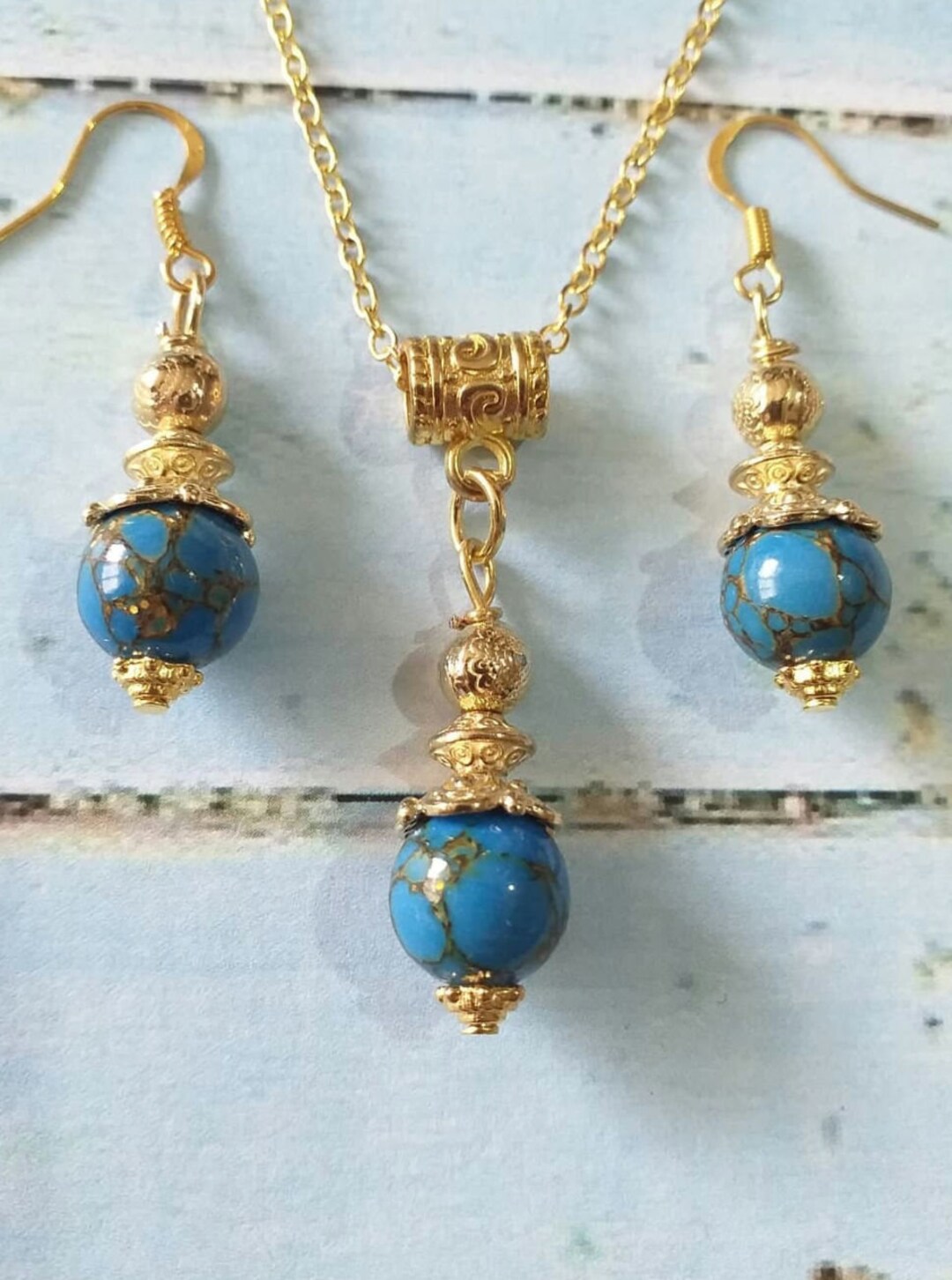 Blue Azurite Gold Jewelry Set Victorian Set Necklace Earrings Boho ...