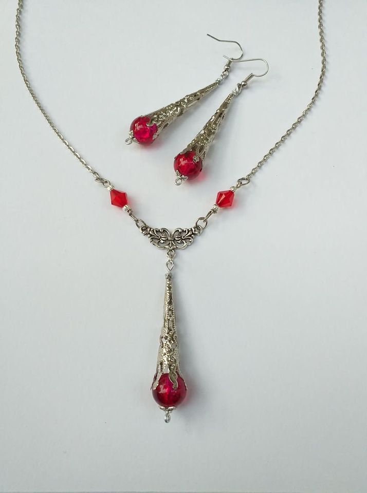 Victorian Red Silver Jewelry Set Ruby Red Set Necklace Earrings Baroque ...