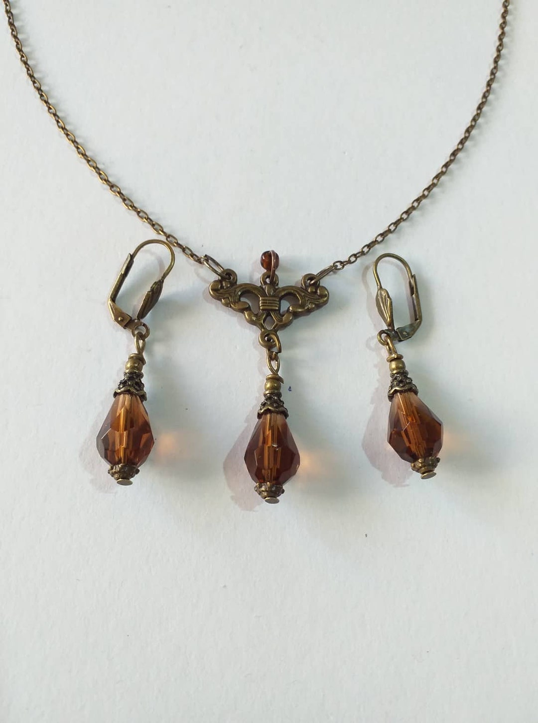 Victorian Brown Bronze Jewelry Set Necklace Earrings Boho Jewelry Set ...