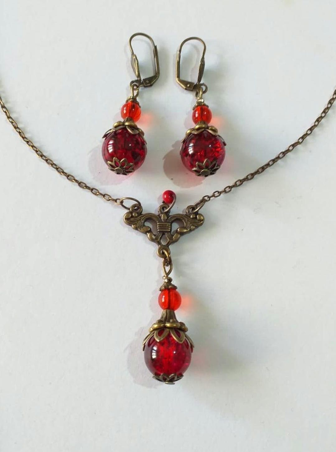 Victorian Red Bronze Jewelry Set Bohemian Jewelry Set Earrings Necklace ...