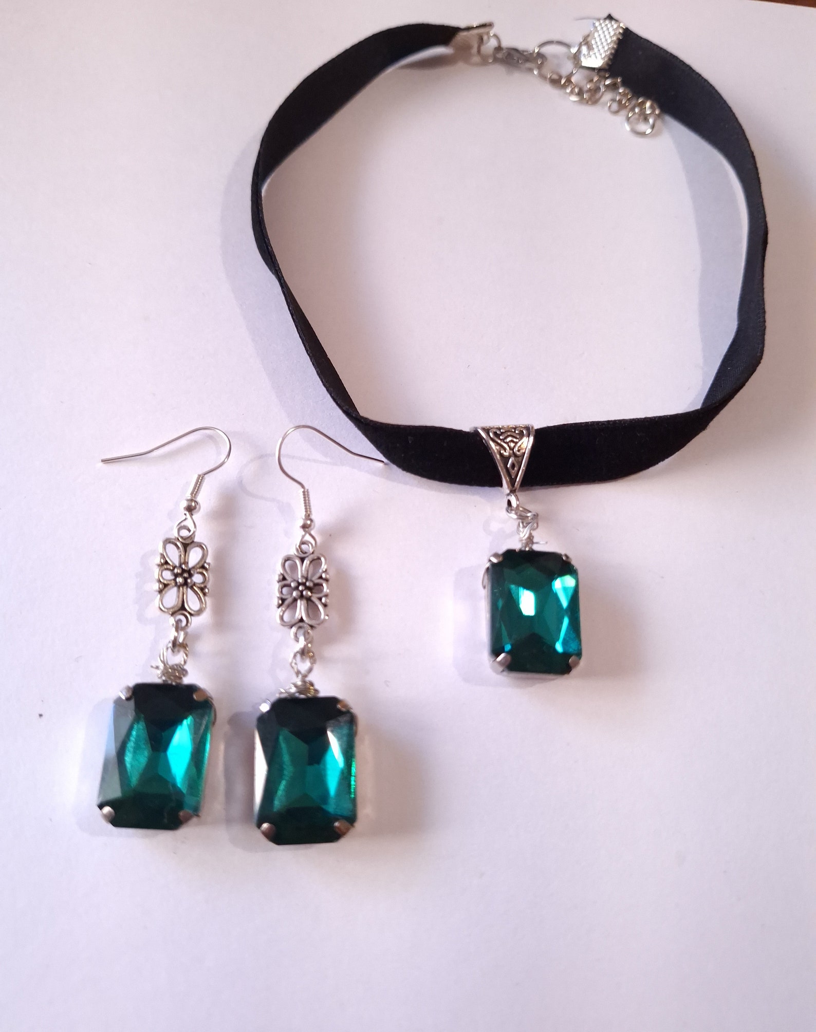Emerald Green Velvet Choker Jewelry Set Dark Green Set Black Velvet ...