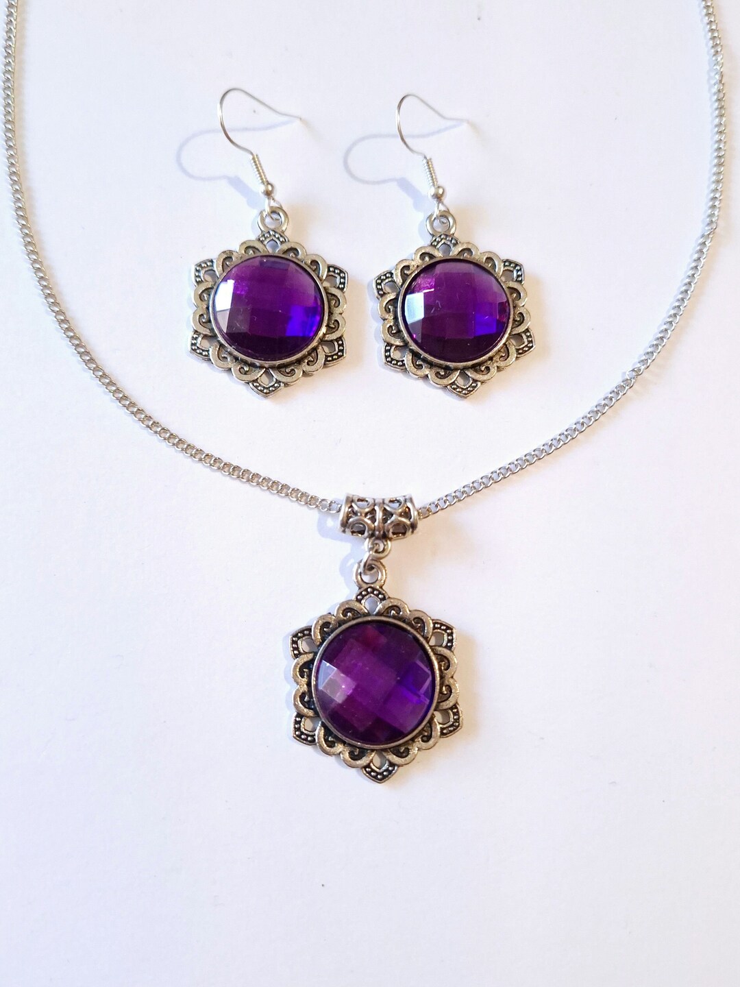 Victorian Silver Purple Jewelry Set Necklace Earrings Silver Jewelry ...