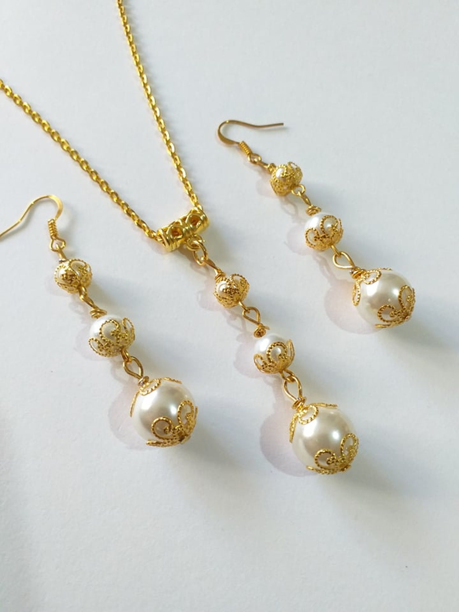 Gold Pearl Victorian Jewelry Set Wedding Gold Set Necklace | Etsy