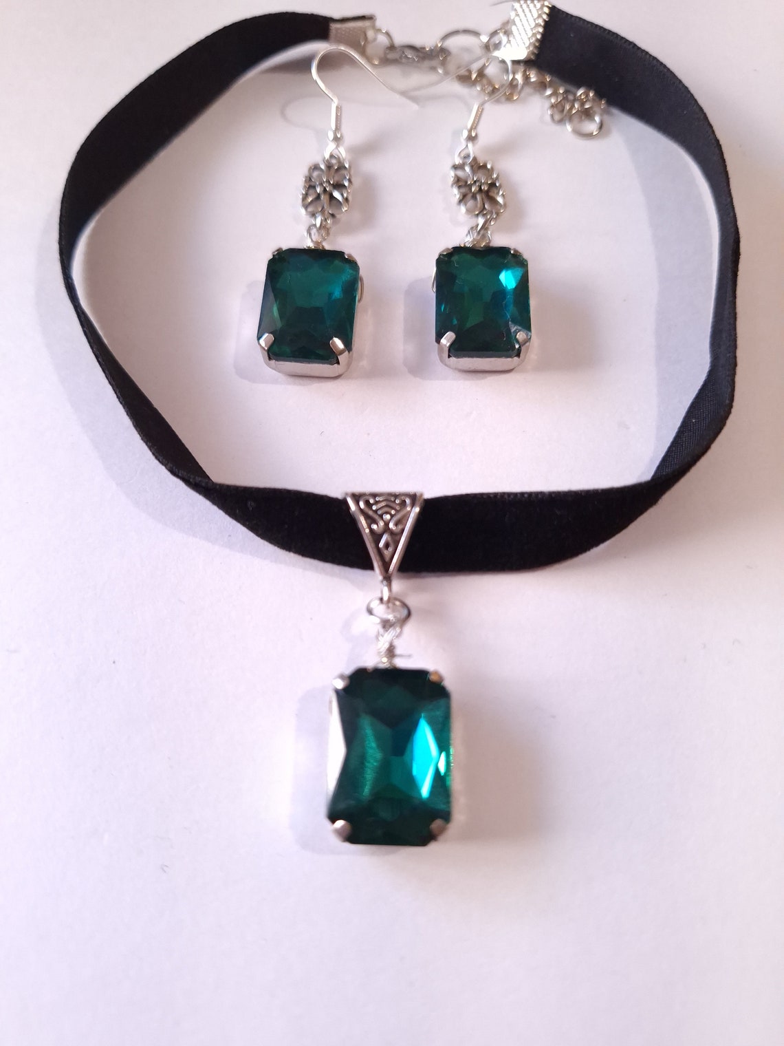 Emerald Green Velvet Choker Jewelry Set Dark Green Set Black Velvet ...