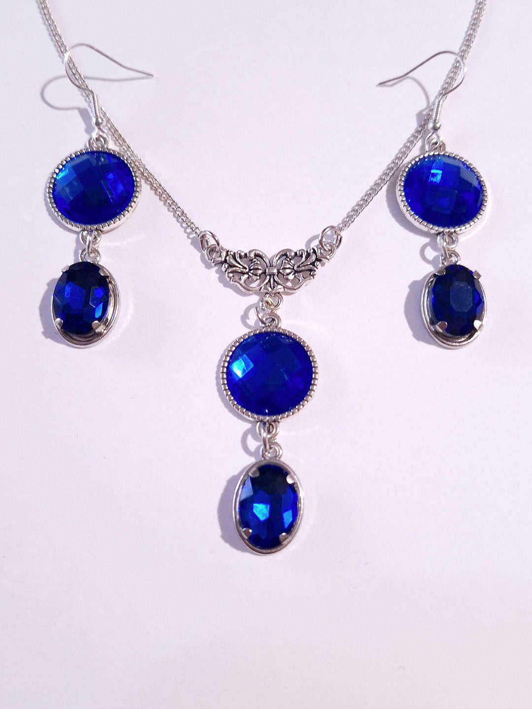 Victorian Royal Blue Silver Jewelry Set Dark Blue Set Necklace Earrings ...