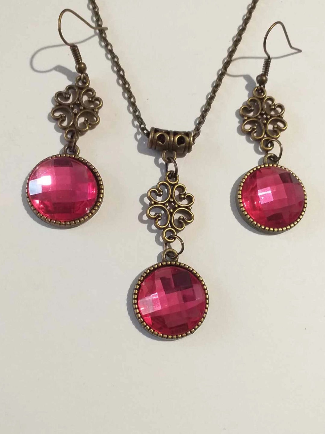 Fuchsia Pink Bronze Jewelry Set Victorian Magenta Pink Set Necklace ...