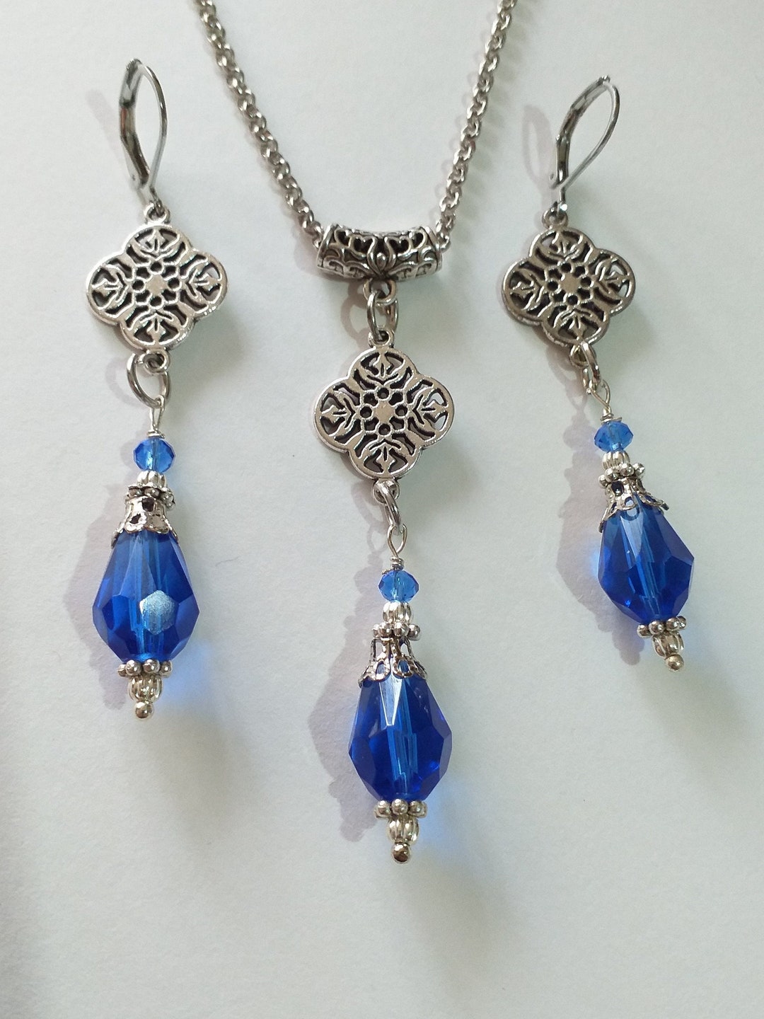 Victorian Silver Blue Jewelry Set Cobalt Blue Set Necklace Earrings ...