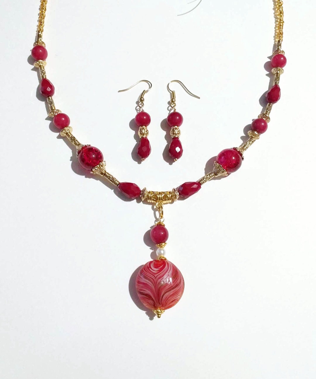 Ruby Gold Crystal Jewelry Set, Murano Set Ruby Set, July Birthstone Set ...