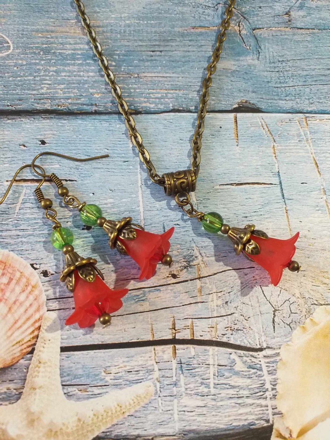 Red Flower Set Bronze Victorian Jewelry Flower Necklace Red Flower ...
