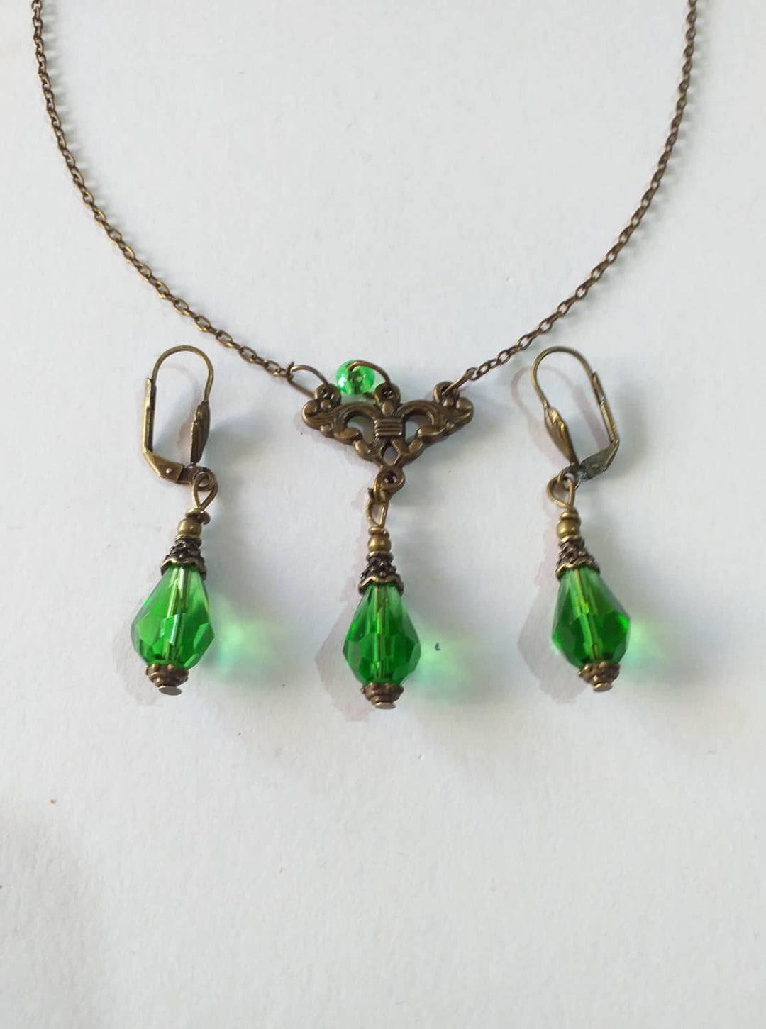 Emerald Green Victorian Bronze Jewelry Set Necklace Earrings Boho Jewelry Set Bronze Jewelry Set ...