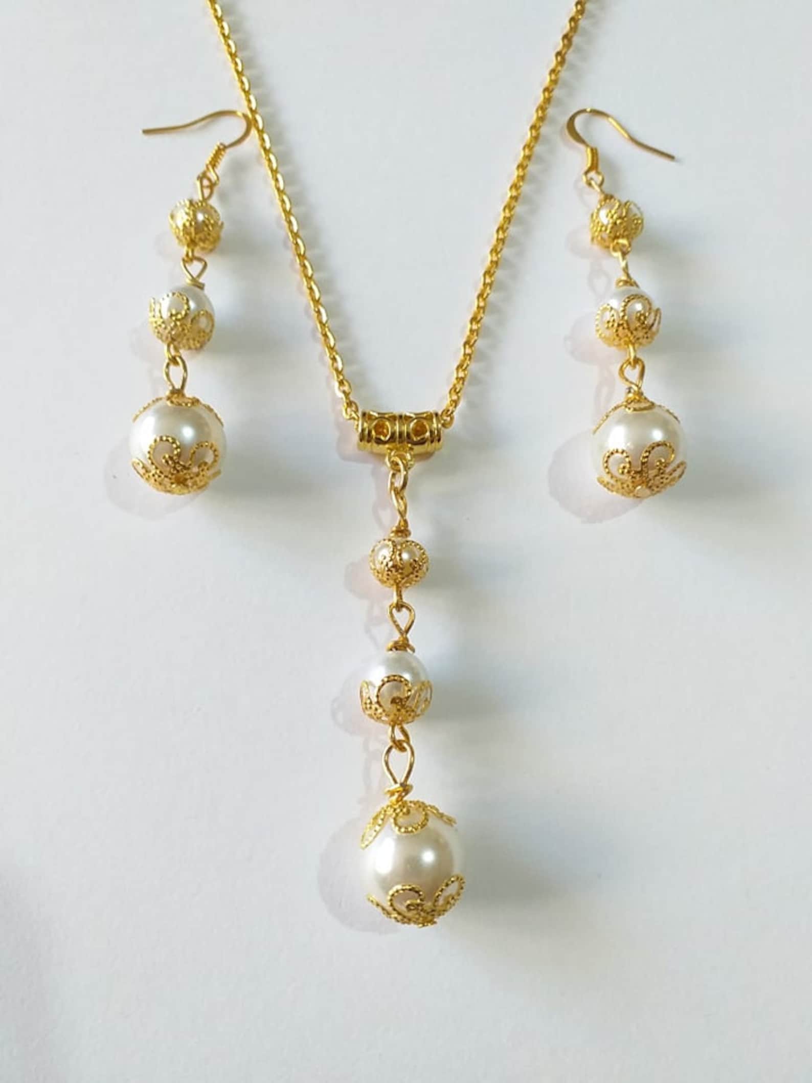 Gold Pearl Victorian Jewelry Set Wedding Gold Set Necklace | Etsy