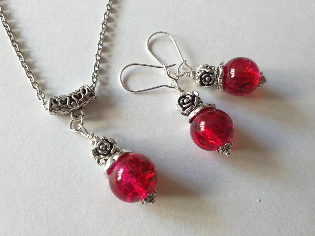 Silver Jewelry Set Ruby Red Set Necklace Earrings Victorian Jewelry Set ...