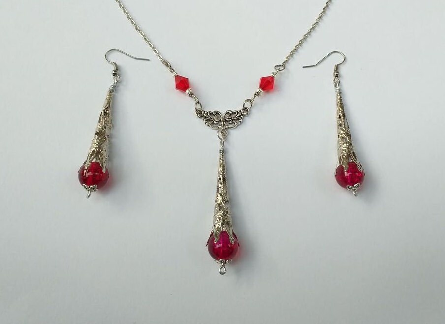 Victorian Red Silver Jewelry Set Ruby Red Set Necklace Earrings Baroque ...