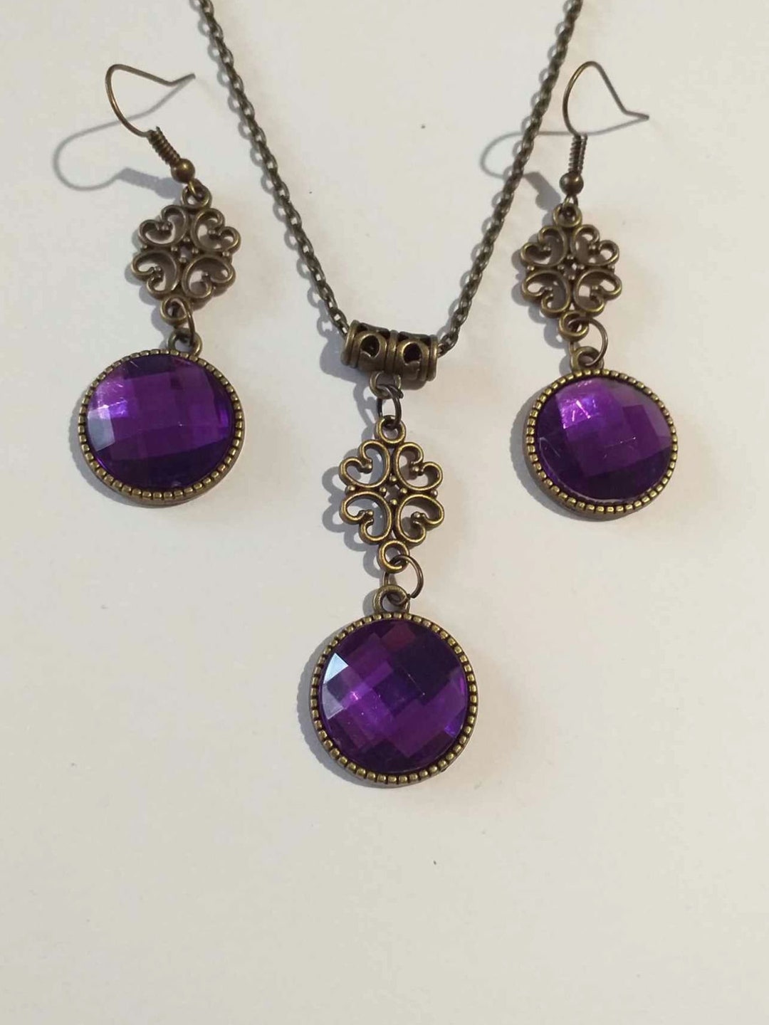 Purple Bronze Jewelry Set Victorian Deep Purple Set Necklace Earrings ...