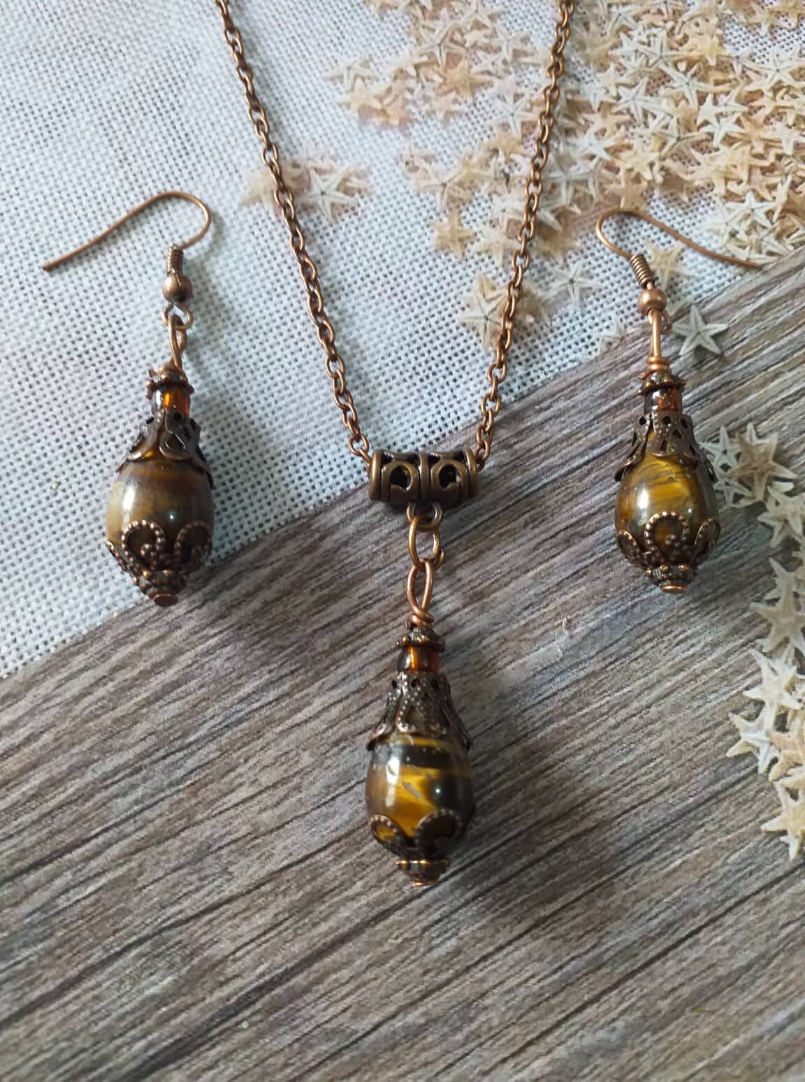 Tiger's Eye Victorian Copper Jewelry Set Earrings and Necklace ...