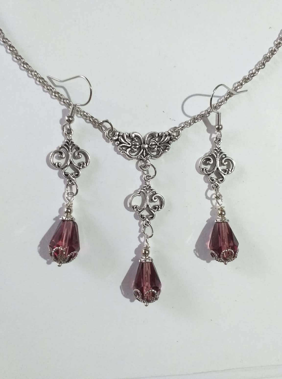 Victorian Silver Burgundy Jewelry Set Necklace Earrings Boho Jewelry ...