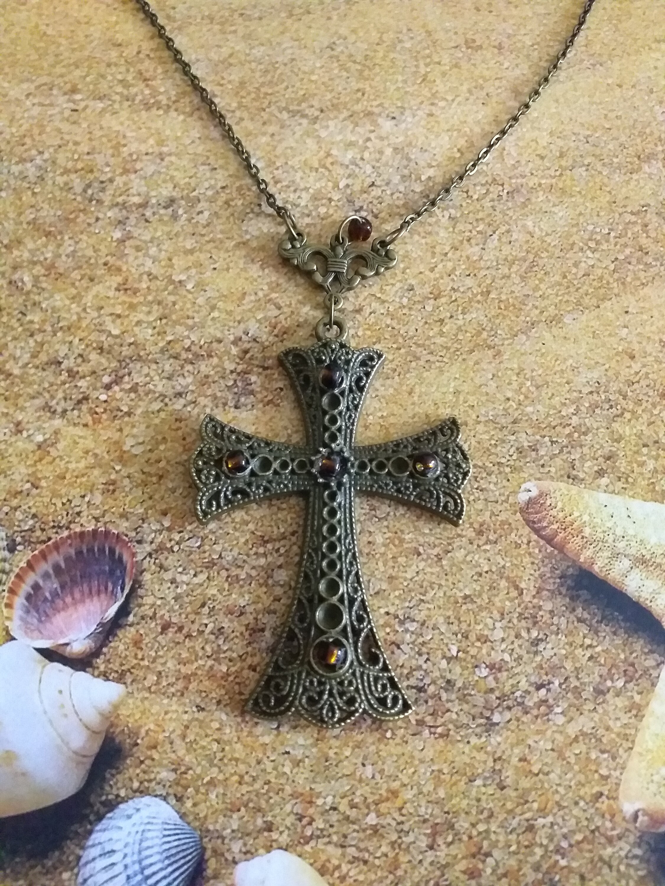 Cross Necklace Bronze Victorian Filigree Cross Boho Necklace Bohemian ...