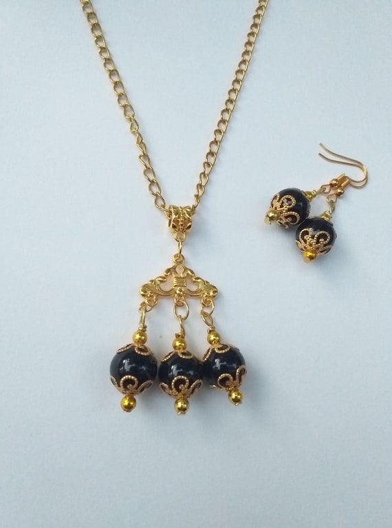Gold set Victorian jewelry set filigree gold set necklace and | Etsy