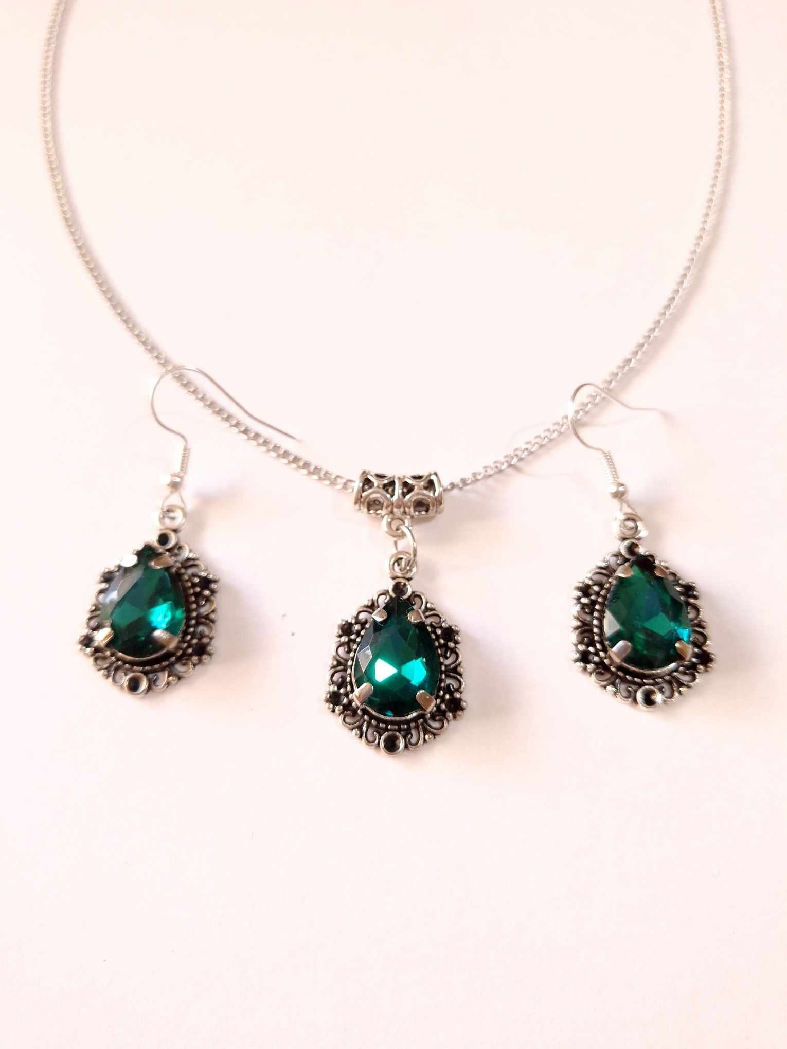 Victorian Emerald Green Silver Jewelry Set Dark Green Set Necklace ...