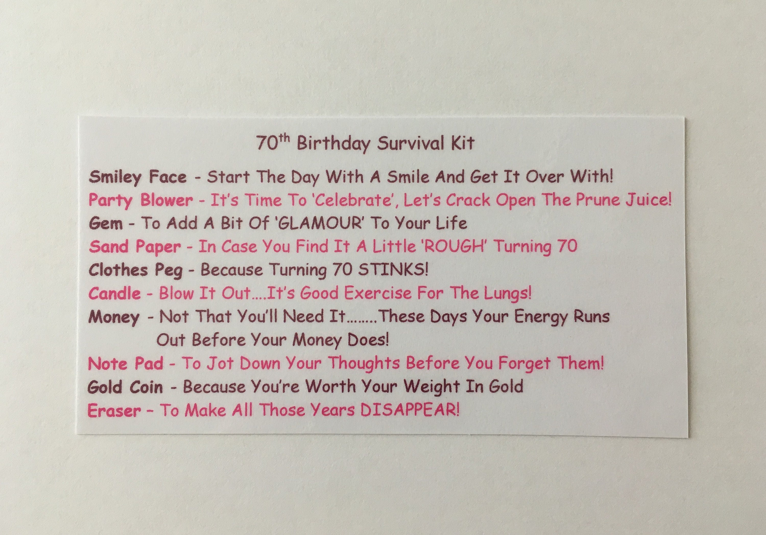 70th Birthday Survival Kit FEMALE Novelty Gift Fun - Etsy