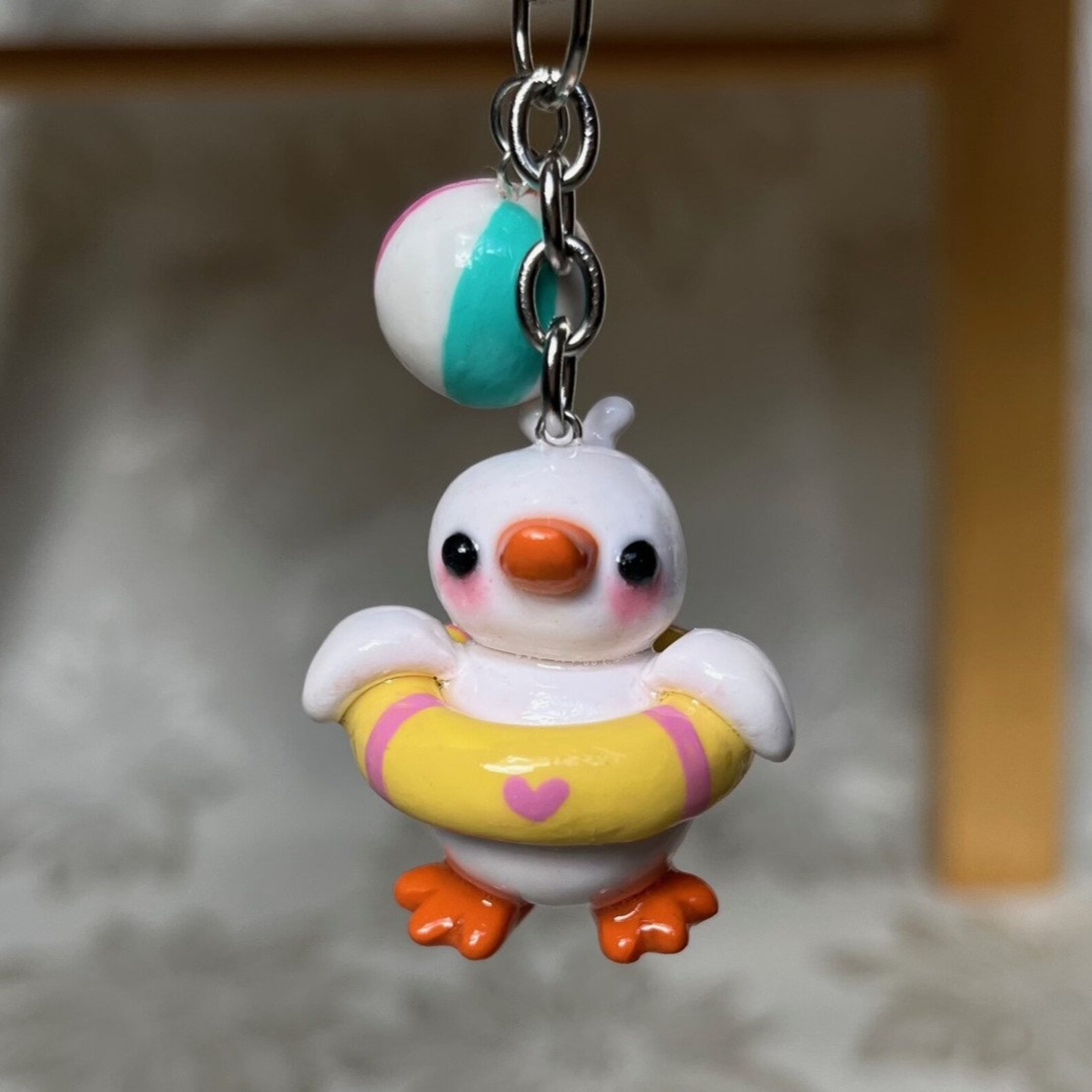Swim Ring Duck Keychain Charm, Polymer Clay Figurine, Cute Handmade Art ...