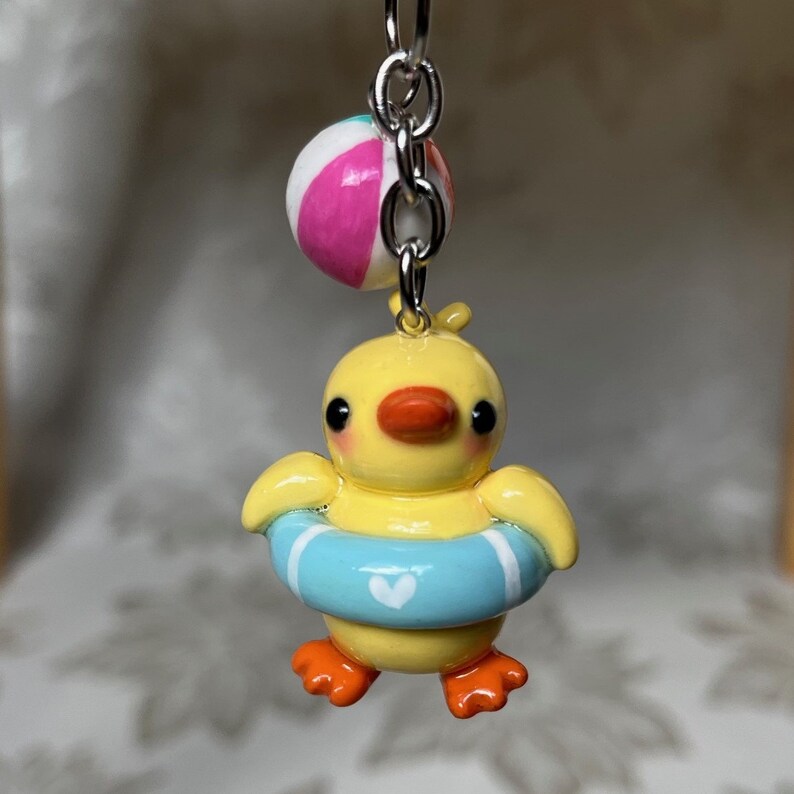 Swim Ring Duck Keychain Charm, Polymer Clay Figurine, Cute Handmade Art ...