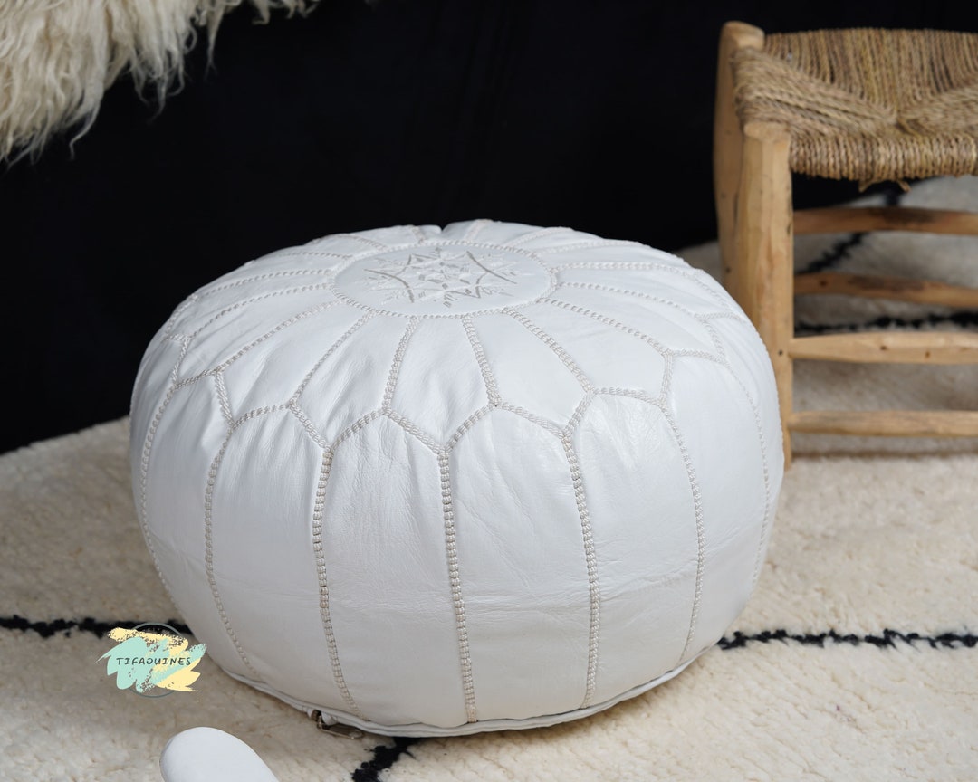 White Handmade Pouf, Moroccan Foot Stool Ottoman, Moroccan Pouffe ...