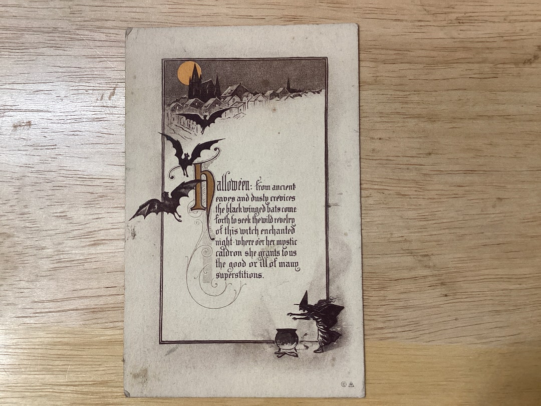 Vintage Halloween Postcard With Poem About Black Winged Bats, Witch ...