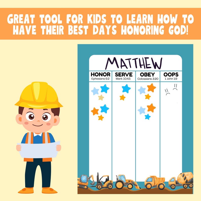 Christian Behavior Chart for Boys: Excavator Construction Theme - Etsy