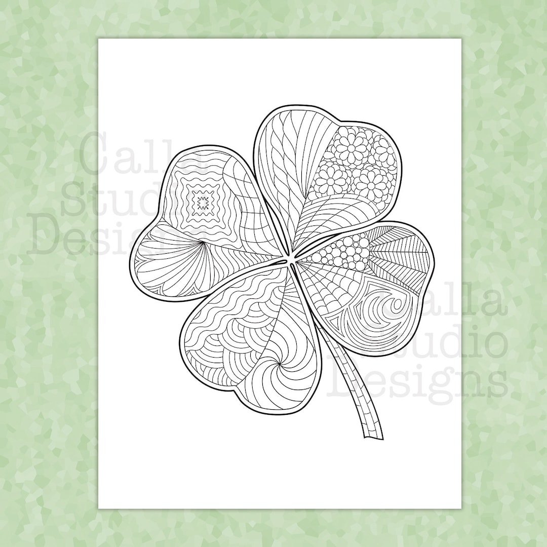 St. Patricks Day, Shamrock Coloring Page. Zentangle Inspired Four Leaf ...