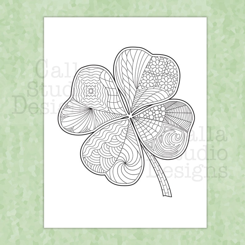 St. Patricks Day, Shamrock Coloring Page. Zentangle Inspired Four Leaf ...