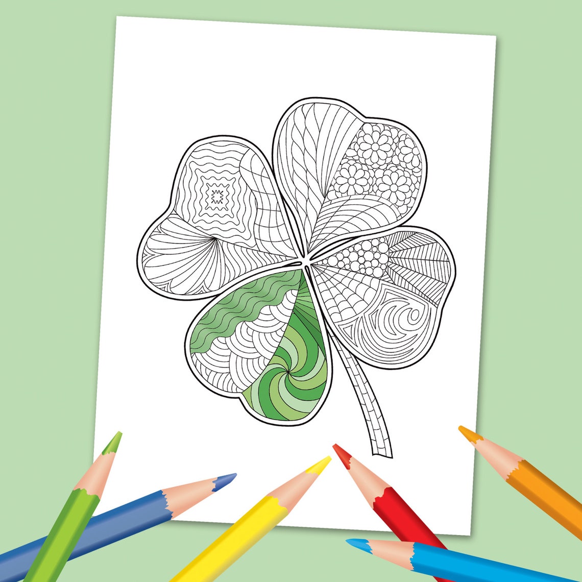 St. Patricks Day, Shamrock Coloring Page. Zentangle Inspired Four Leaf ...