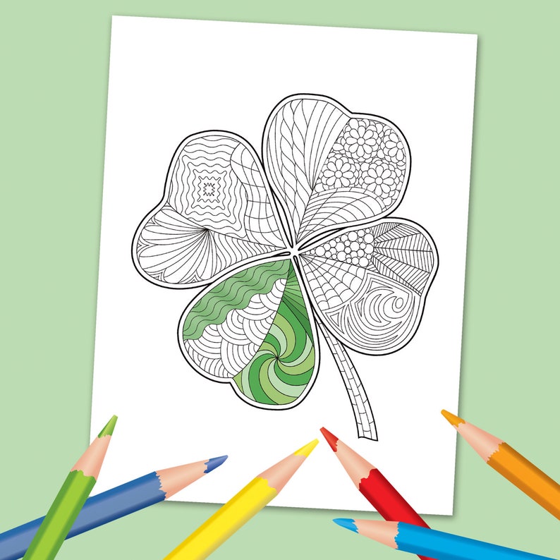 St. Patricks Day, Shamrock Coloring Page. Zentangle Inspired Four Leaf ...