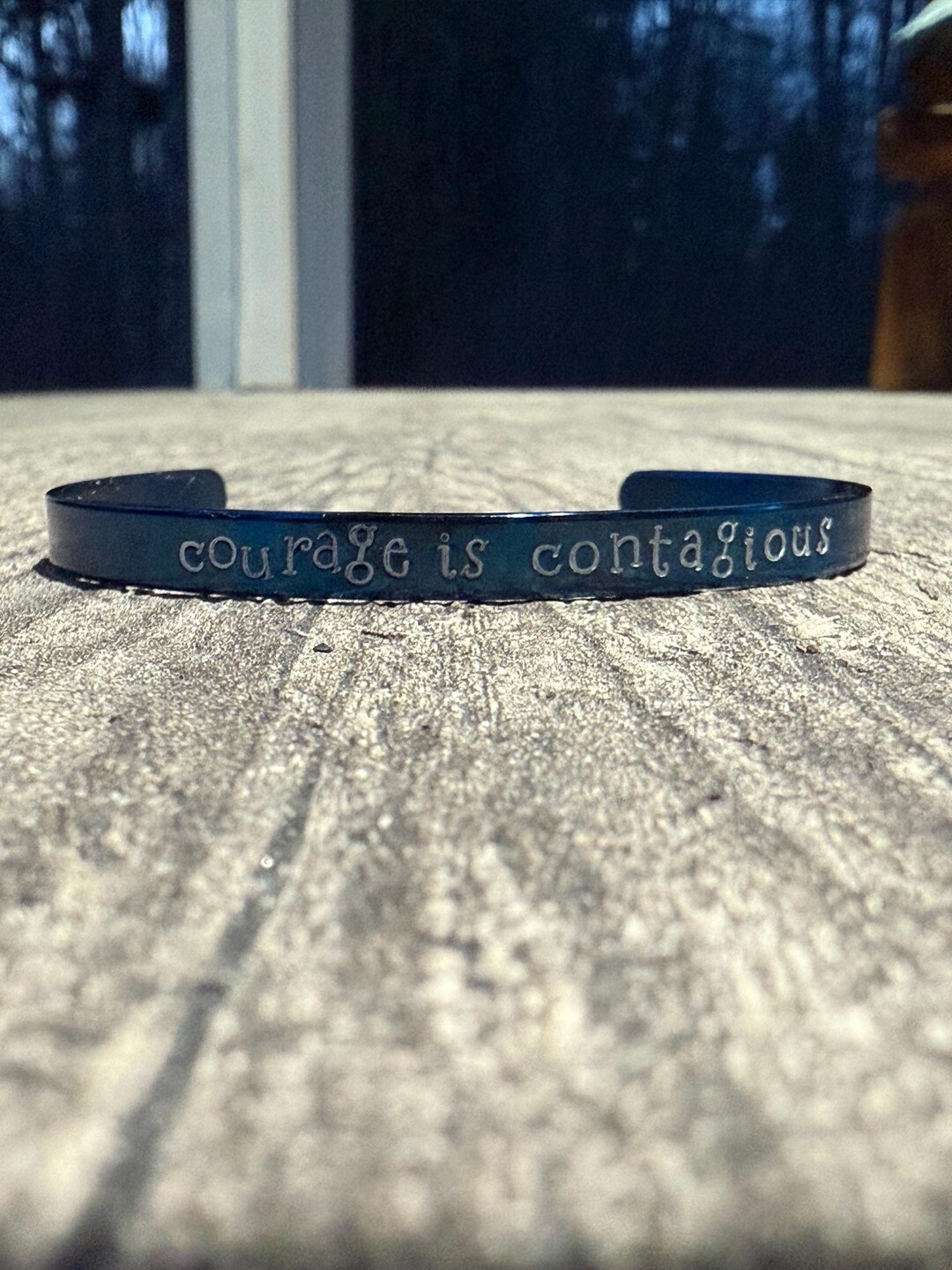 Courage is Contagious – Blue Stainless Steel Handstamped Bangle ...