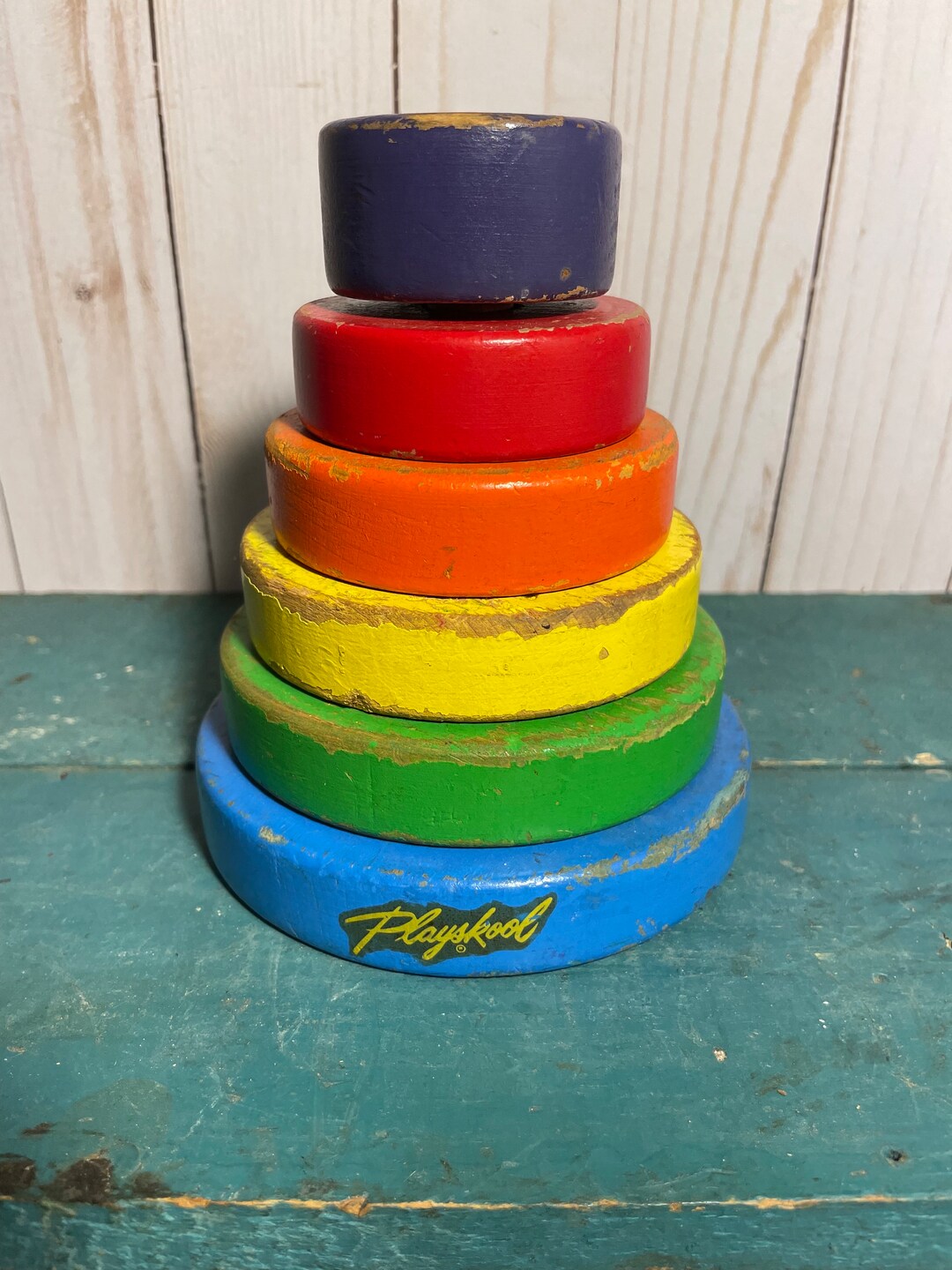 Playskool Rainbow Ring Stacking Toy, Vintage Toy, Wooden Stacking Toy ...