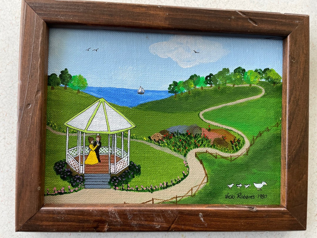 Folk Art Painting, New England Seaside Scene With Gazebo, Local Artist ...