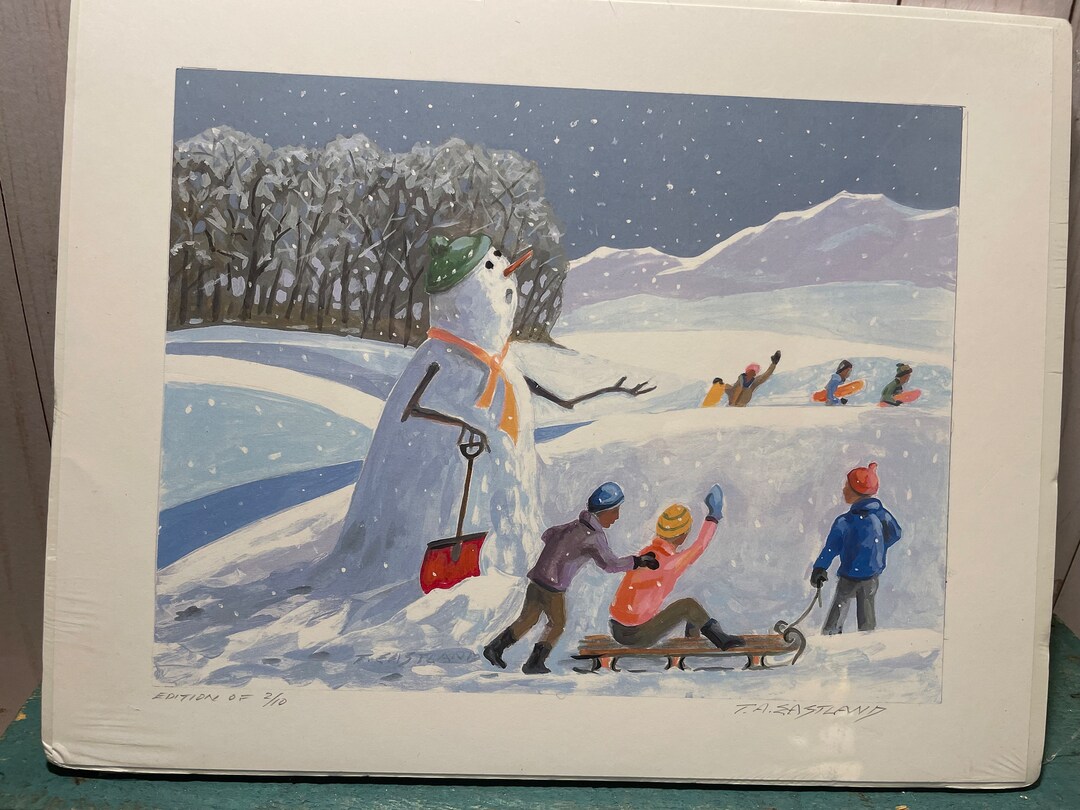 Contemporary Folk Art, Snowman Scene, New England Sledding Scene ...