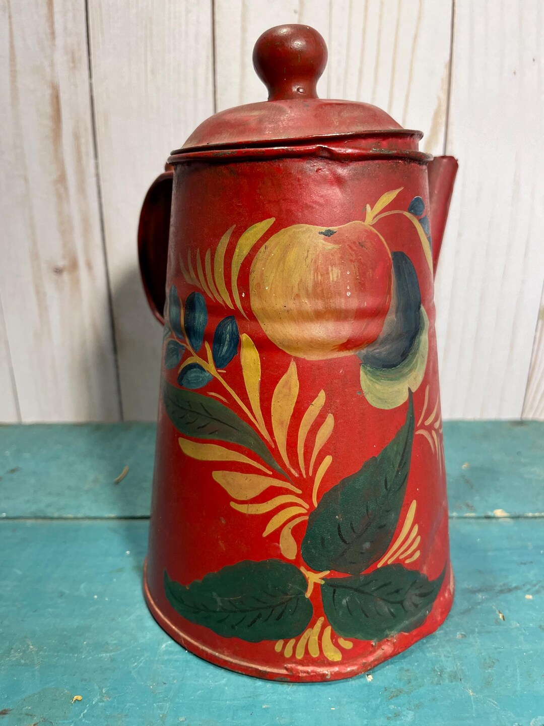 Vintage Red Toleware Coffee Pot, Long Spout, Fancy Handle, Lid With ...