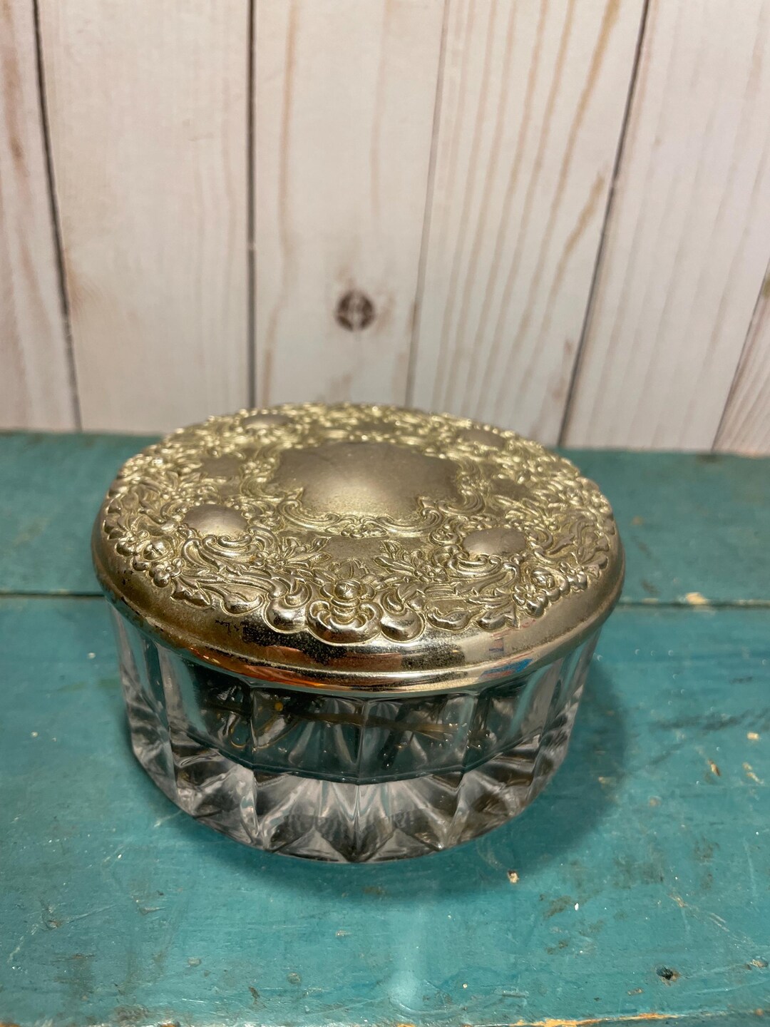 Vintage Vanity Jar, Pressed Glass Jar With Silver Tone Lid, Bureau ...